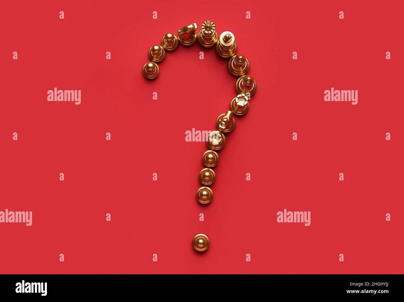 Question mark made of golden chess pieces on color background Stock ...