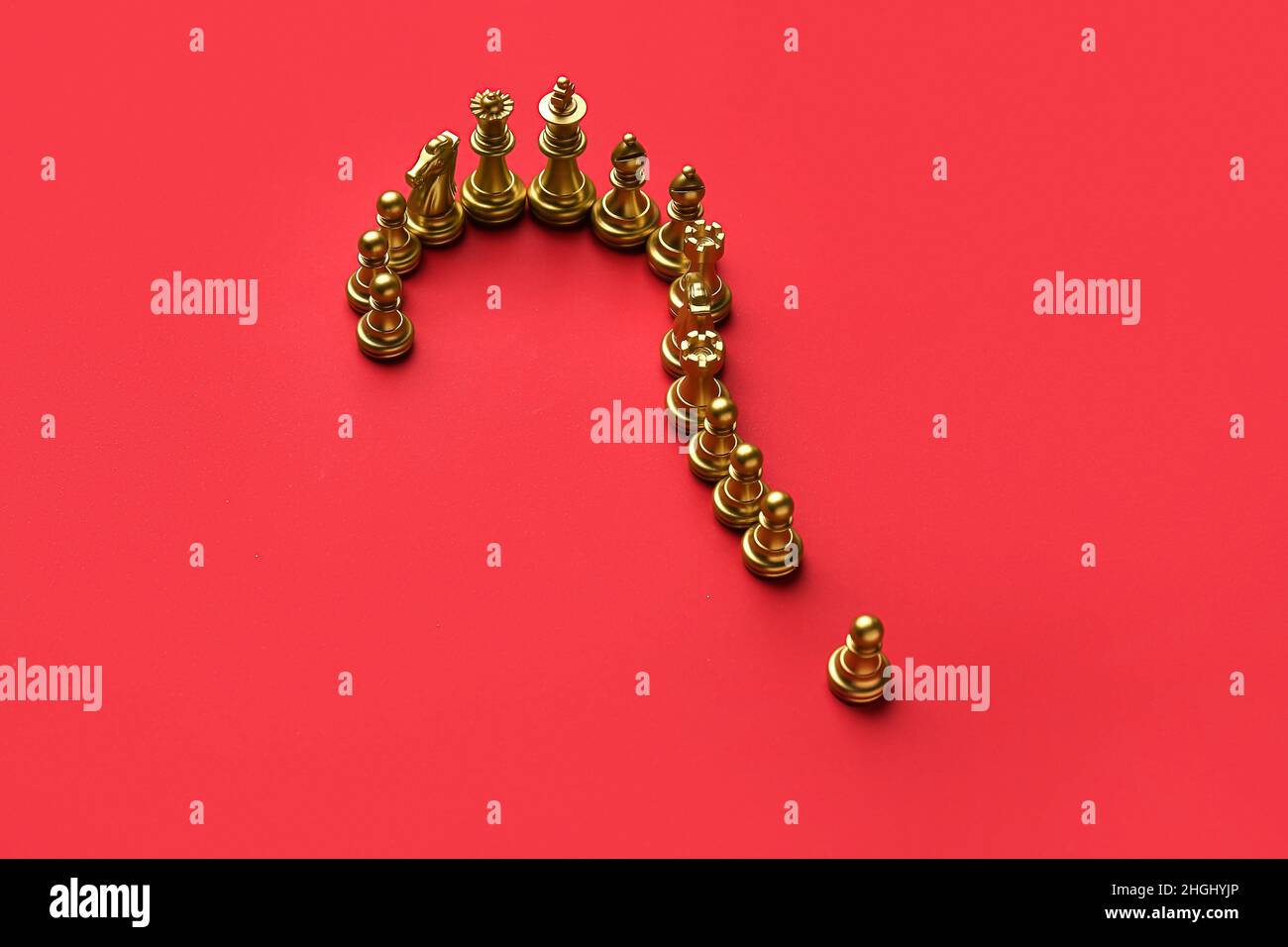Question mark made of golden chess pieces on color background Stock ...