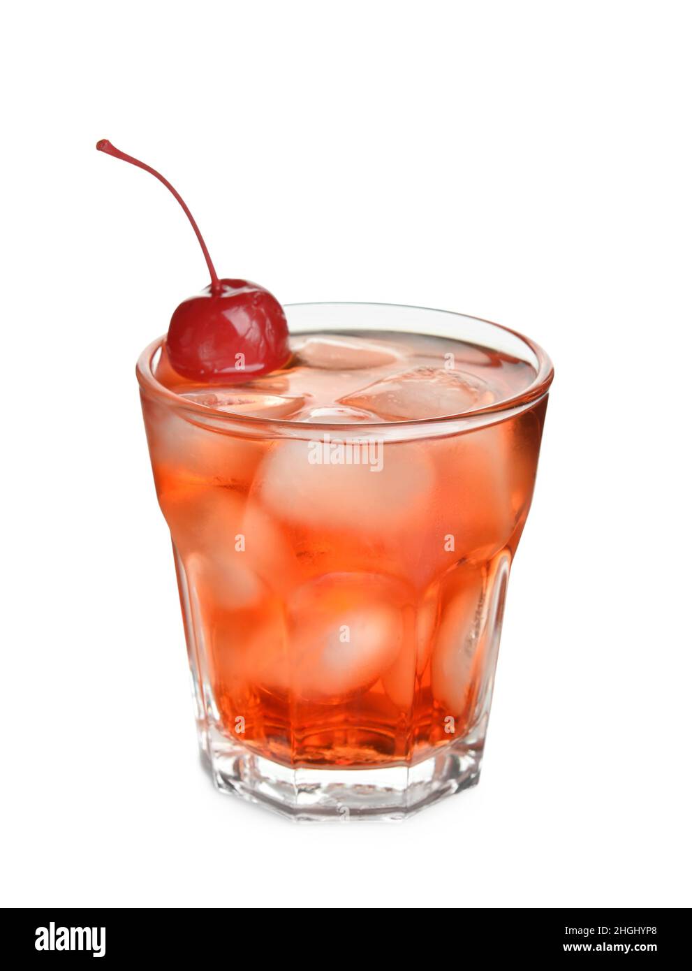 Glass of Manhattan cocktail with cherry and ice on white background ...