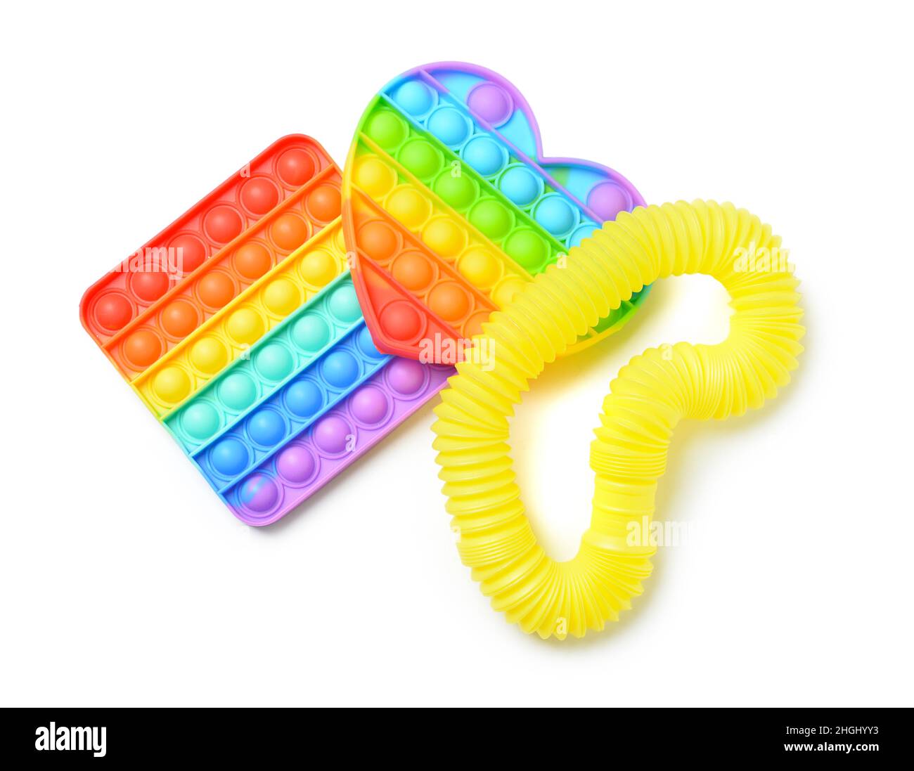 Colorful Pop Tube and Pop it fidget toys on white background Stock ...