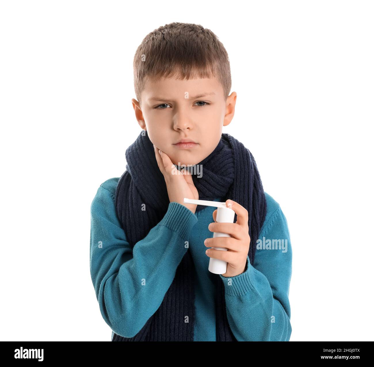 Ill little boy with inhaler on white background Stock Photo - Alamy