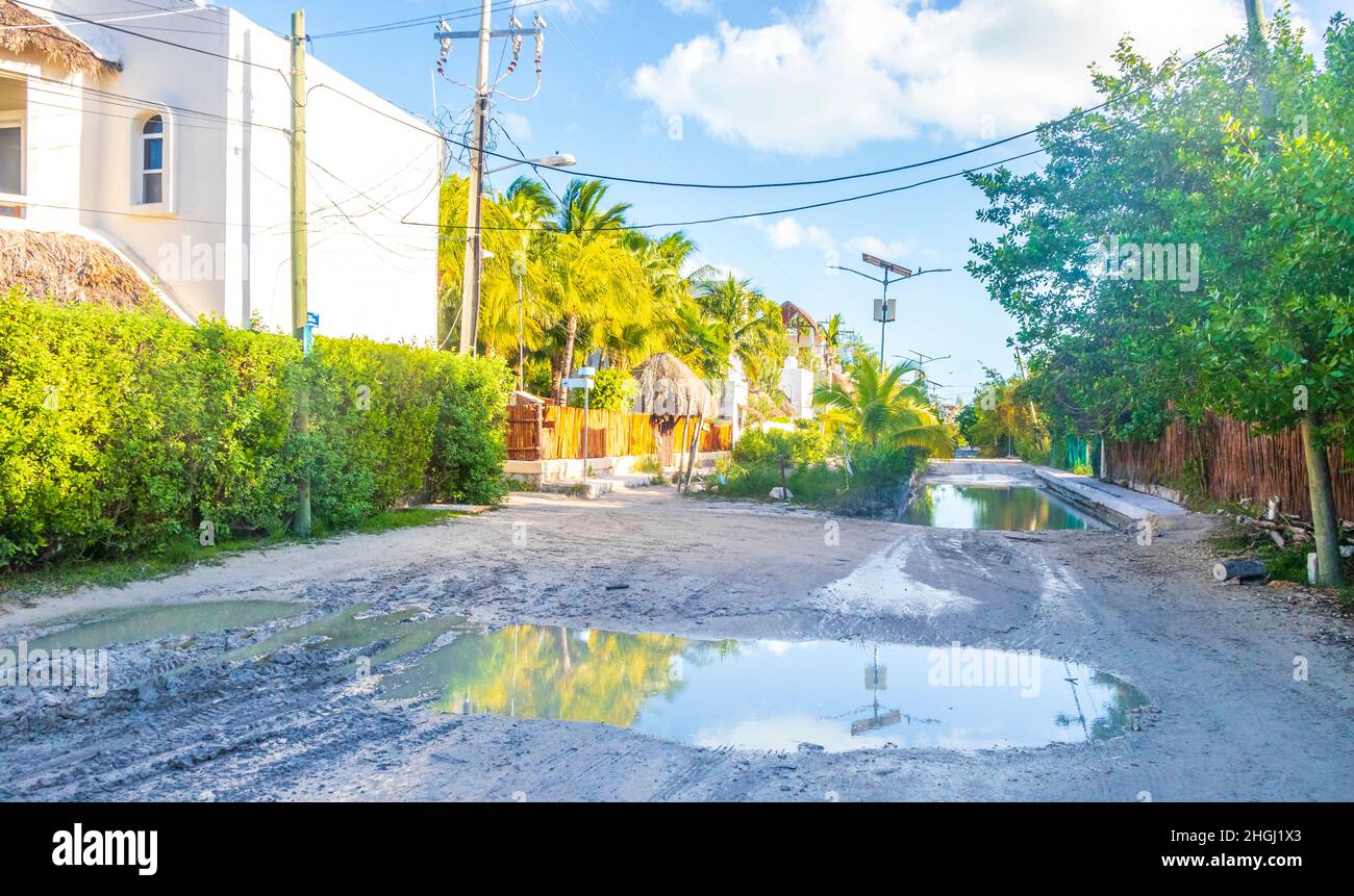 Sandy muddy road walking path and landscape view with tropical nature ...