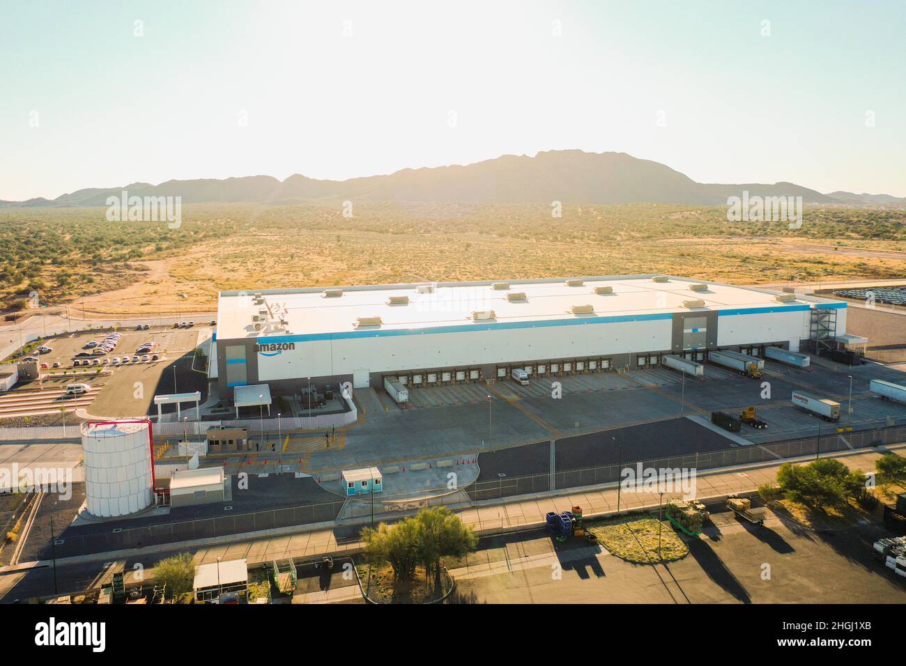 Amazon. Aerial view of Amazon warehouse or parcel distribution center ...