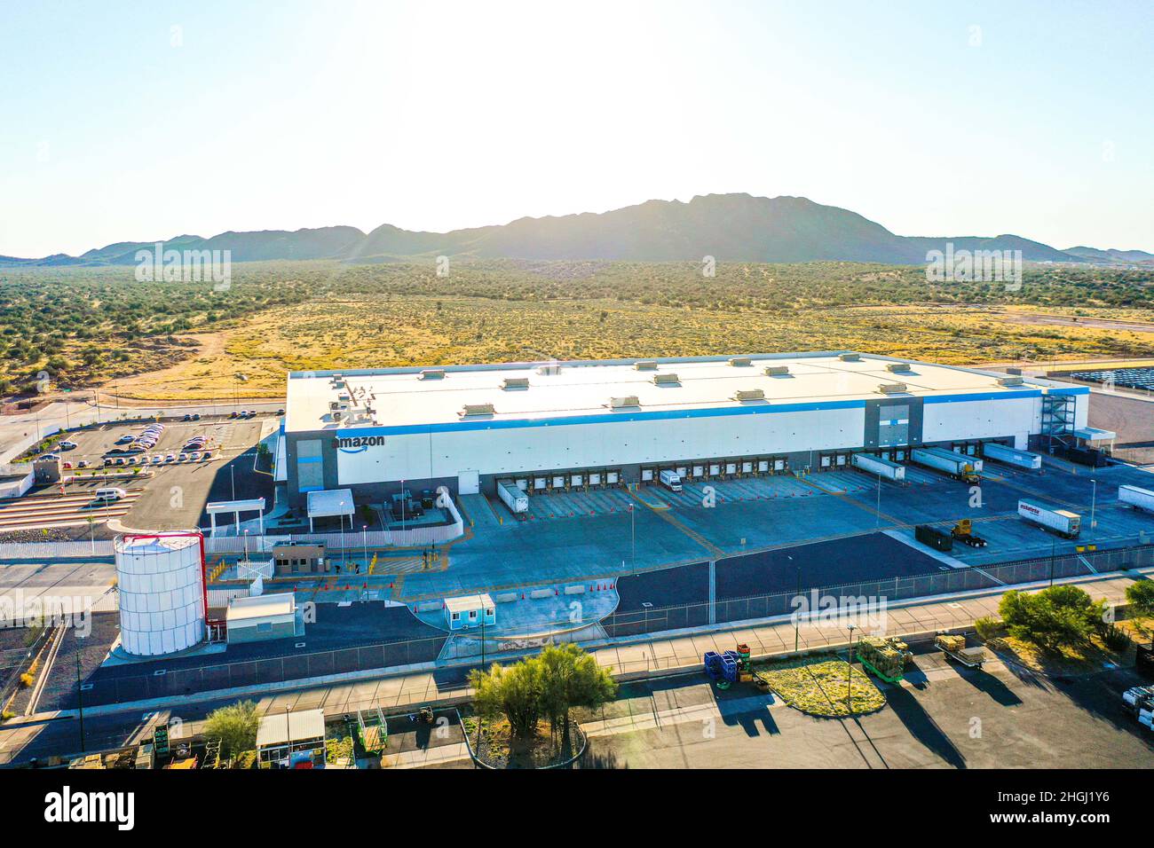 Amazon. Aerial view of Amazon warehouse or parcel distribution center ...