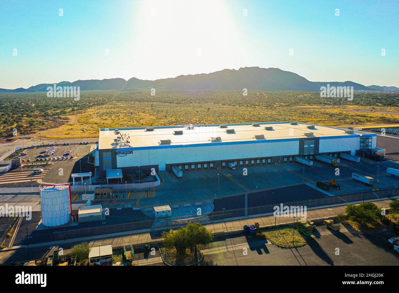 Amazon. Aerial view of Amazon warehouse or parcel distribution center ...
