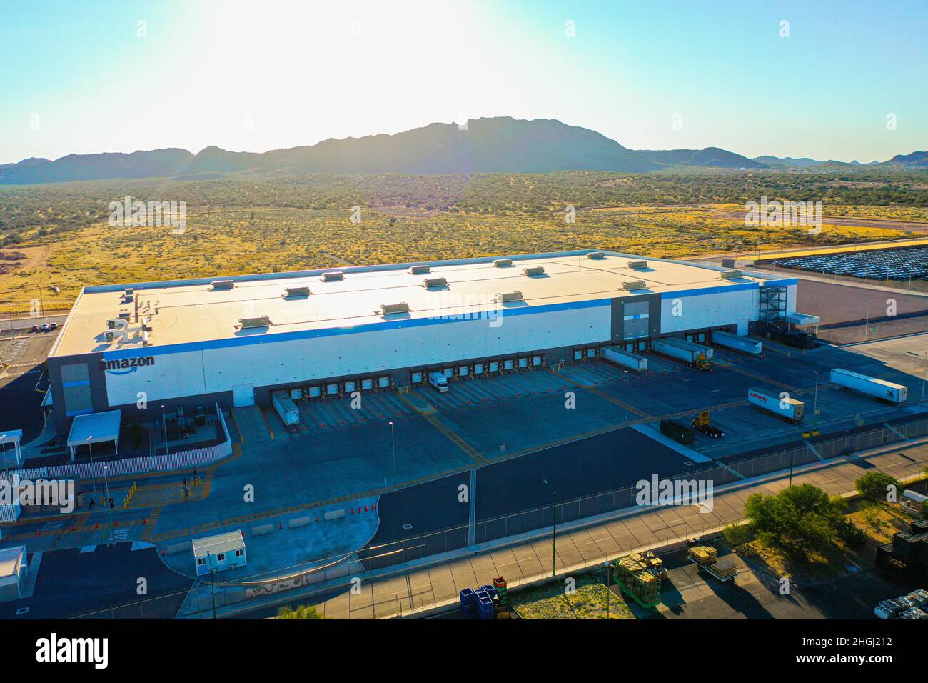 Amazon. Aerial view of Amazon warehouse or parcel distribution center ...