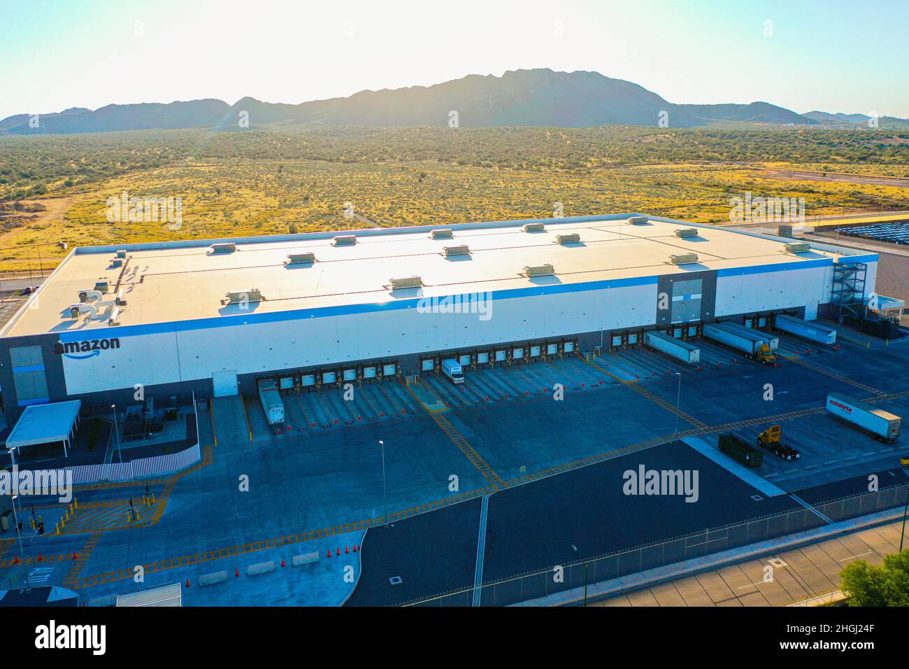 Amazon. Aerial view of Amazon warehouse or parcel distribution center ...