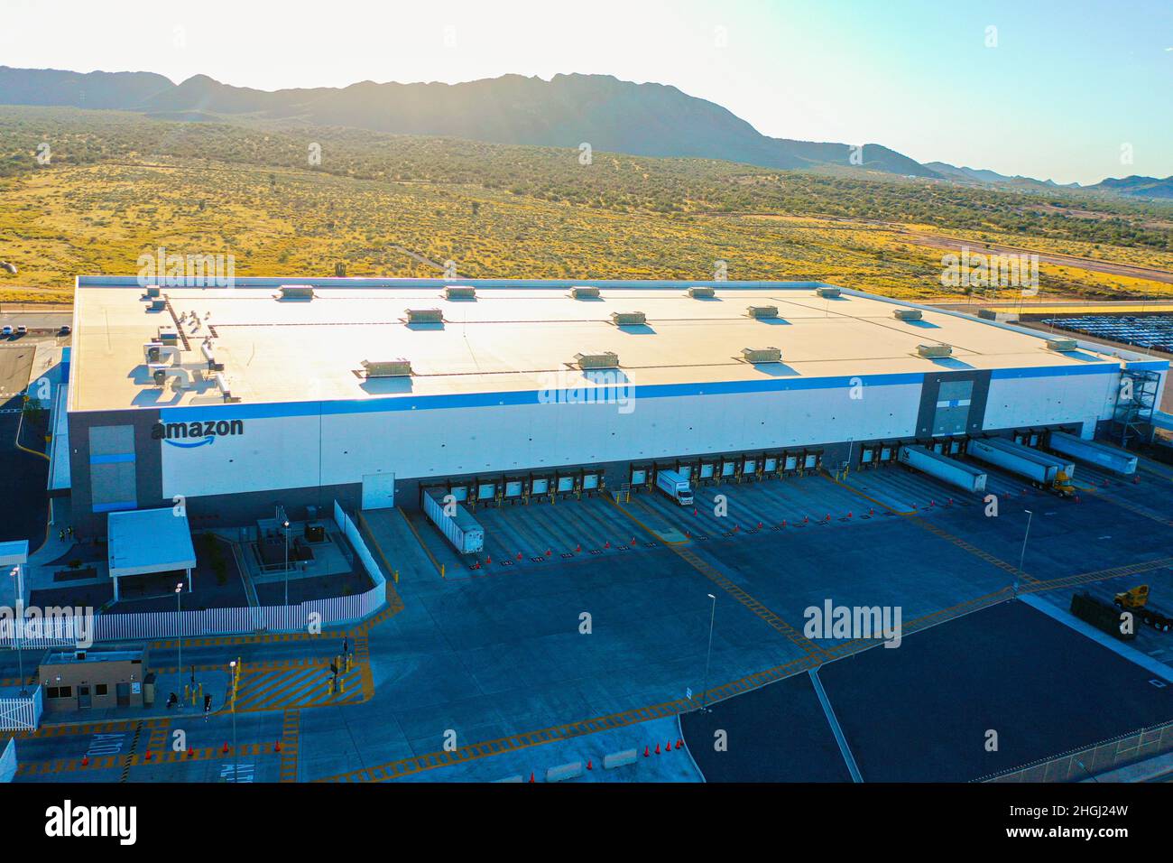 Amazon. Aerial view of Amazon warehouse or parcel distribution center ...