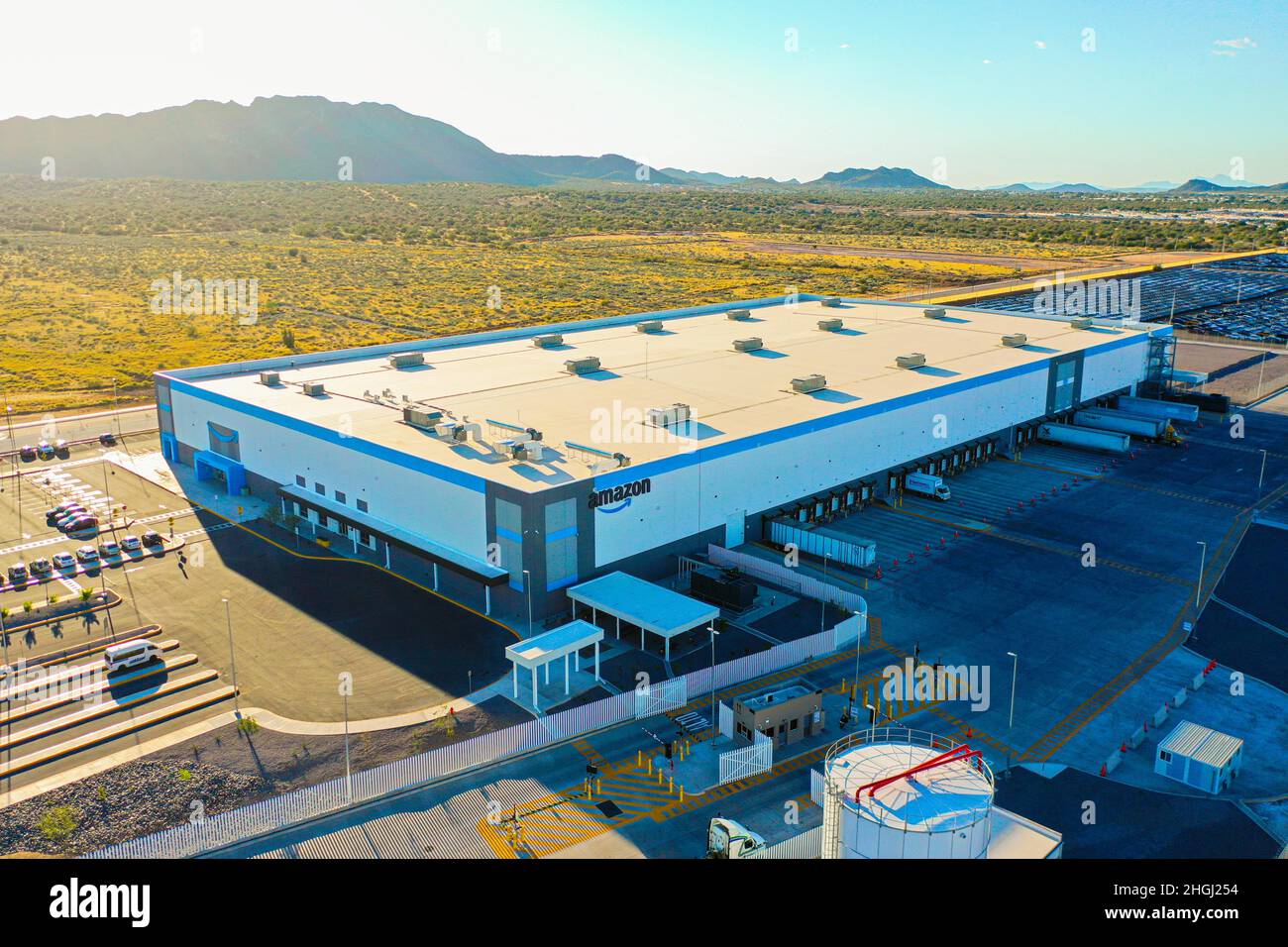 Amazon. Aerial view of Amazon warehouse or parcel distribution center ...