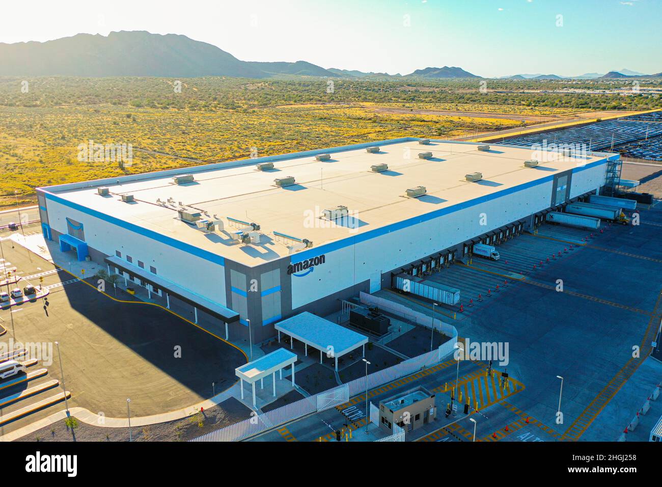 Amazon. Aerial view of Amazon warehouse or parcel distribution center ...