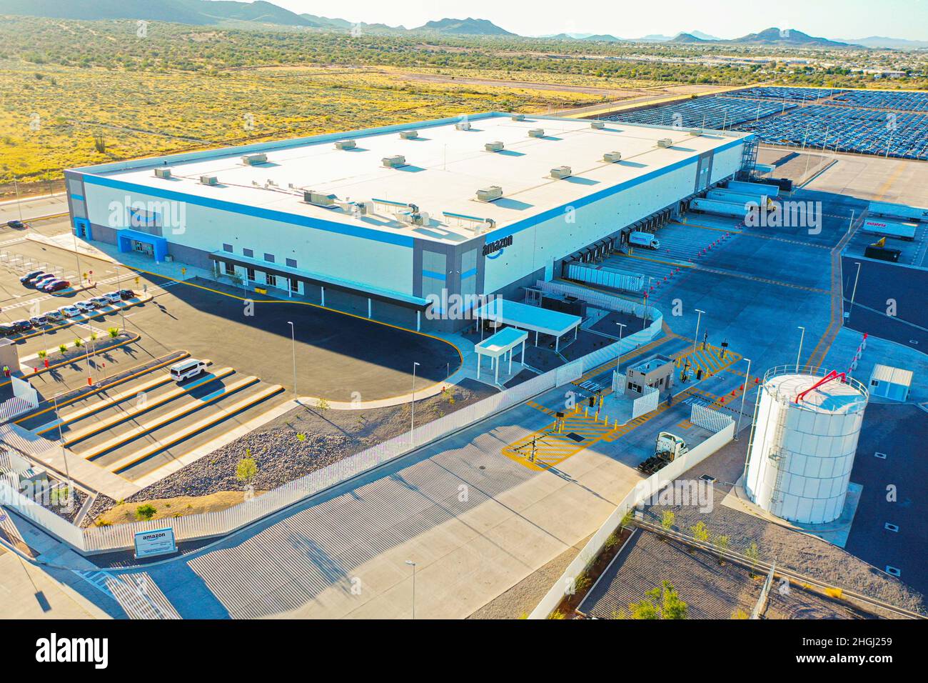 Amazon. Aerial view of Amazon warehouse or parcel distribution center ...