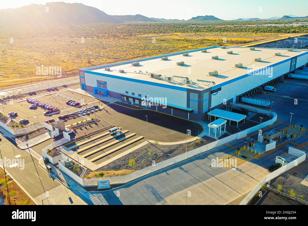 Amazon. Aerial view of Amazon warehouse or parcel distribution center ...