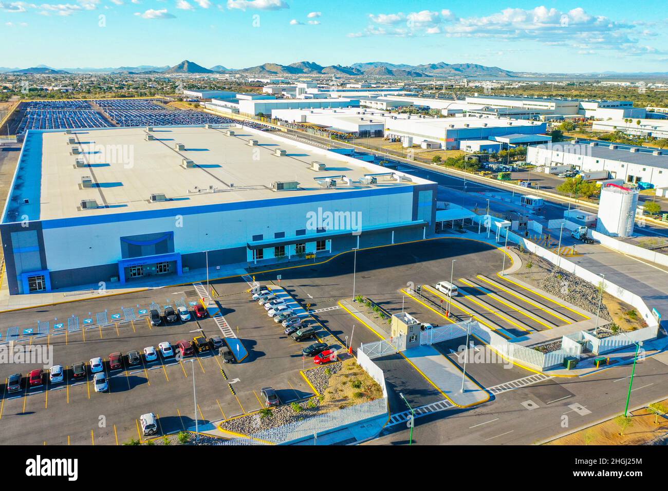 Amazon. Aerial view of Amazon warehouse or parcel distribution center ...