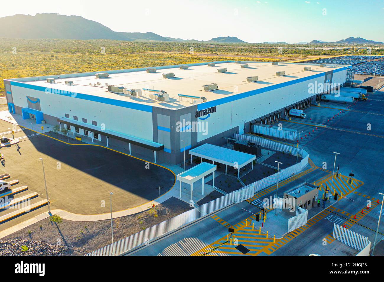 Amazon. Aerial view of Amazon warehouse or parcel distribution center ...
