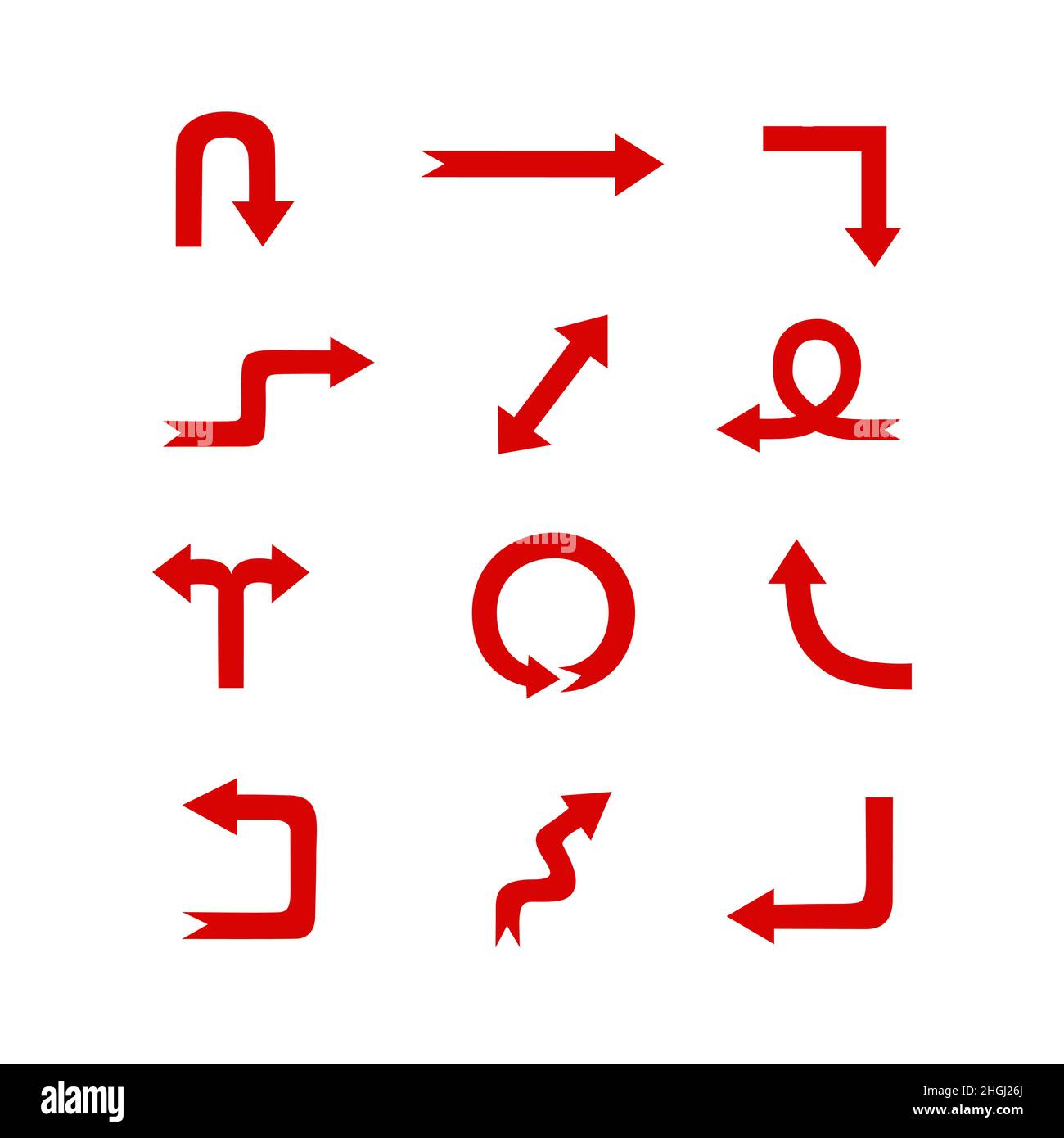 Simple red arrows pointing in various directions. Hand drawn set of ...