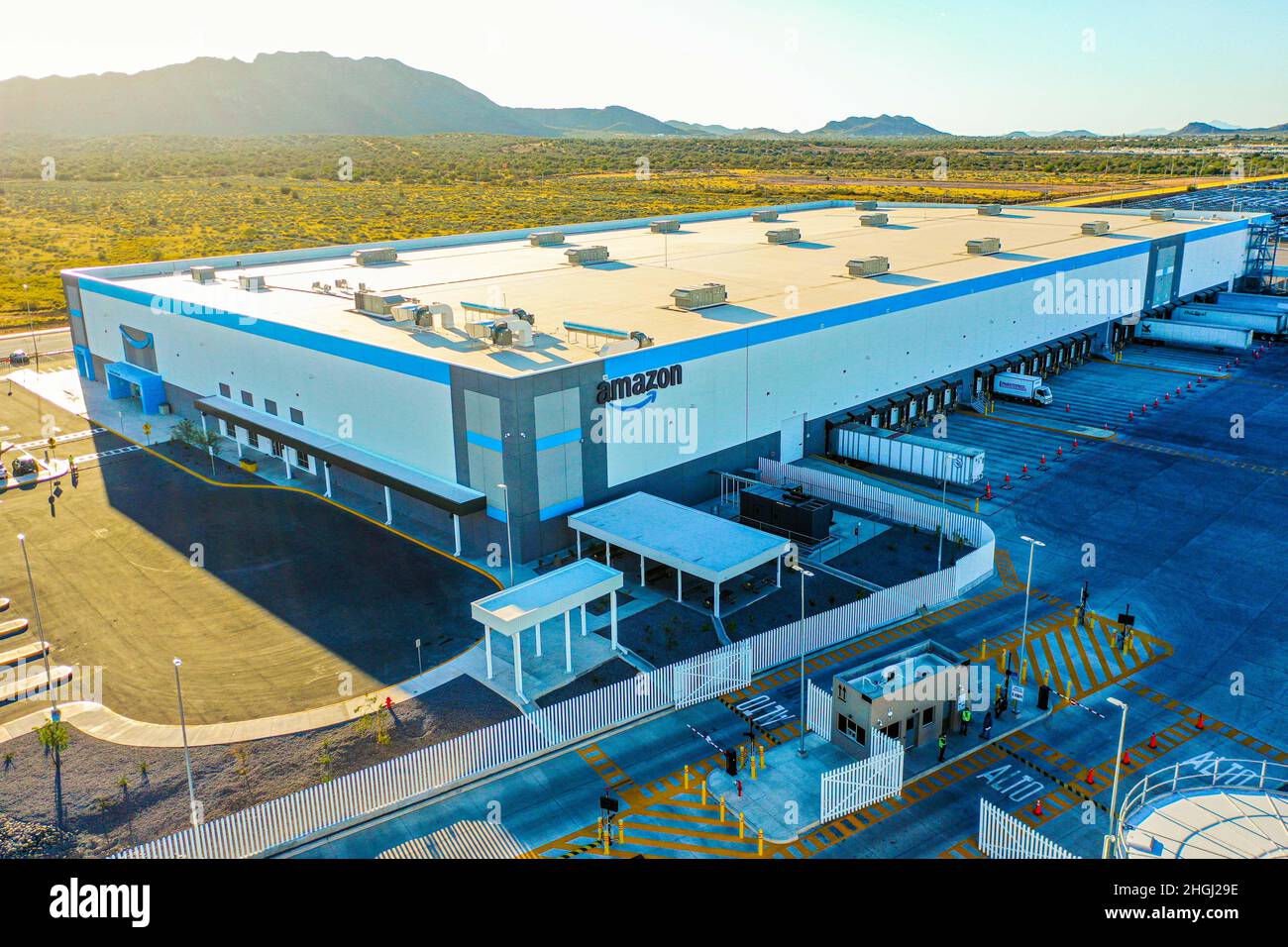 Amazon. Aerial view of Amazon warehouse or parcel distribution center ...