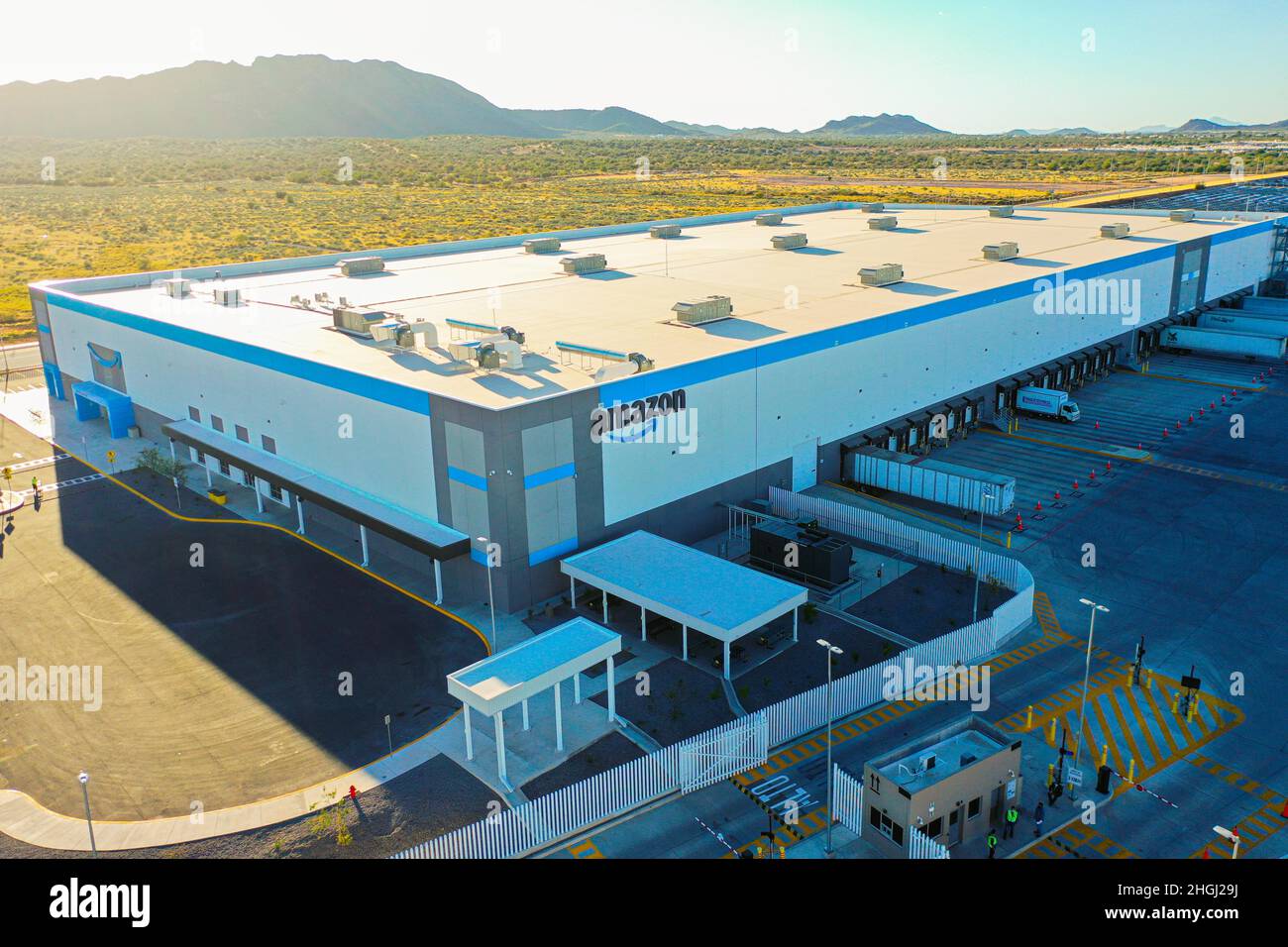 Amazon. Aerial view of Amazon warehouse or parcel distribution center ...