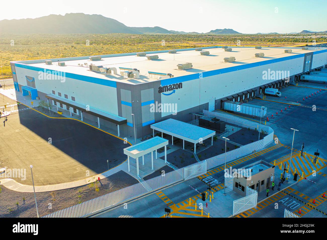 Amazon. Aerial view of Amazon warehouse or parcel distribution center ...