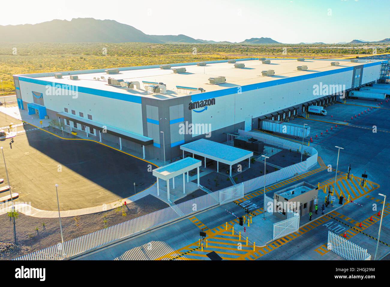 Amazon. Aerial view of Amazon warehouse or parcel distribution center ...