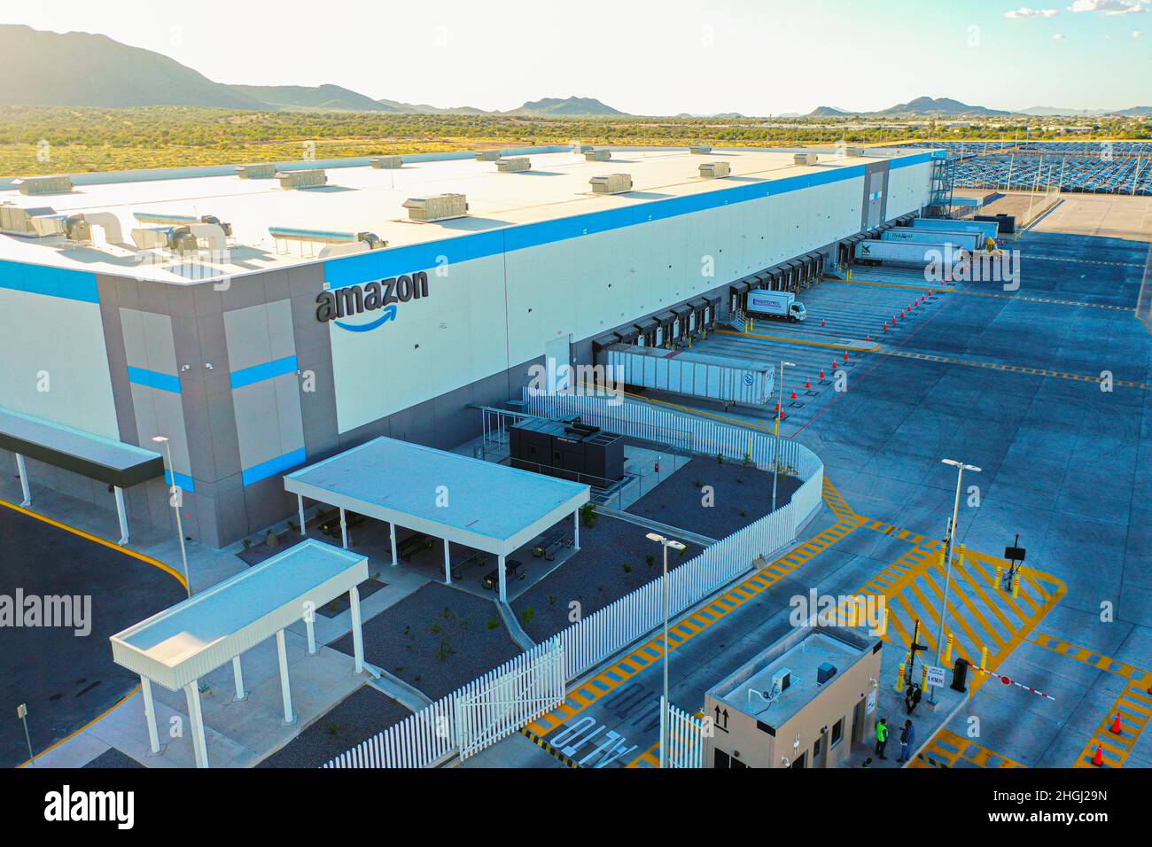 Amazon. Aerial view of Amazon warehouse or parcel distribution center ...