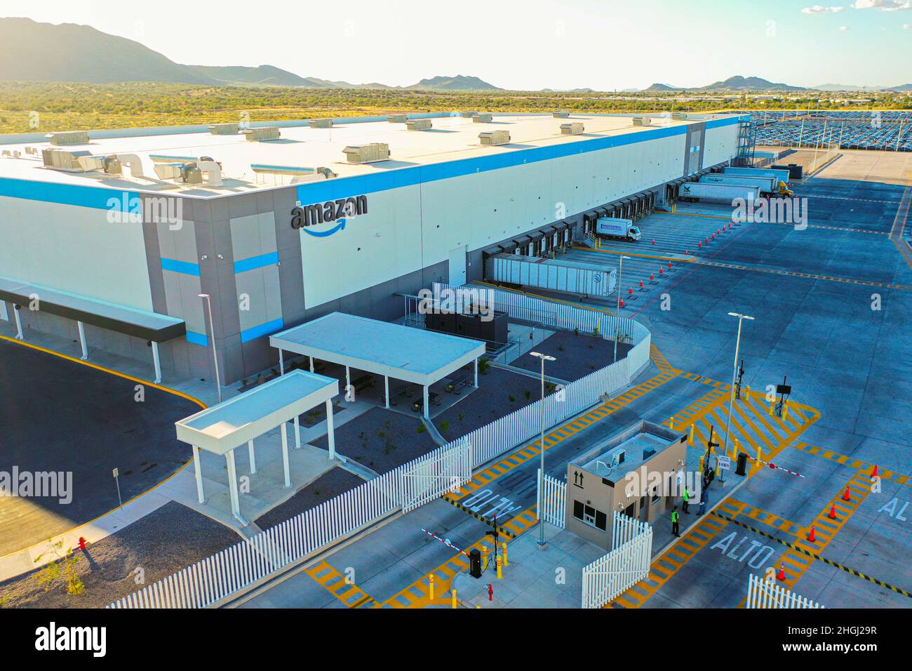 Amazon. Aerial view of Amazon warehouse or parcel distribution center ...