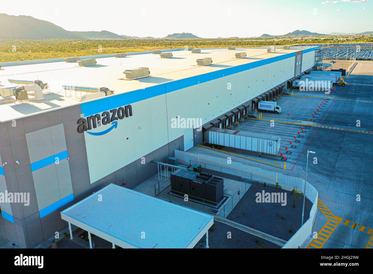 Amazon. Aerial view of Amazon warehouse or parcel distribution center ...