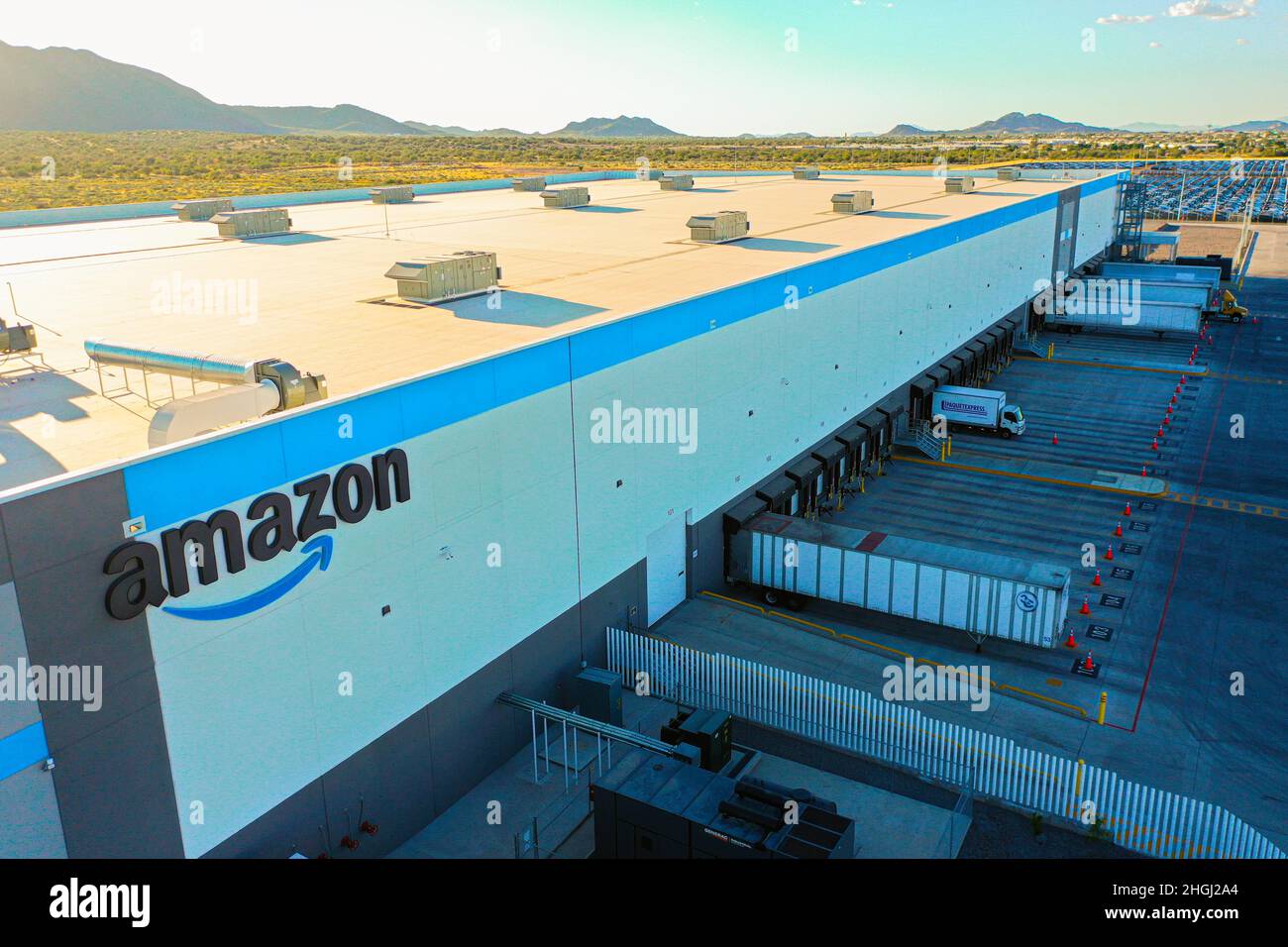 Amazon. Aerial view of Amazon warehouse or parcel distribution center ...