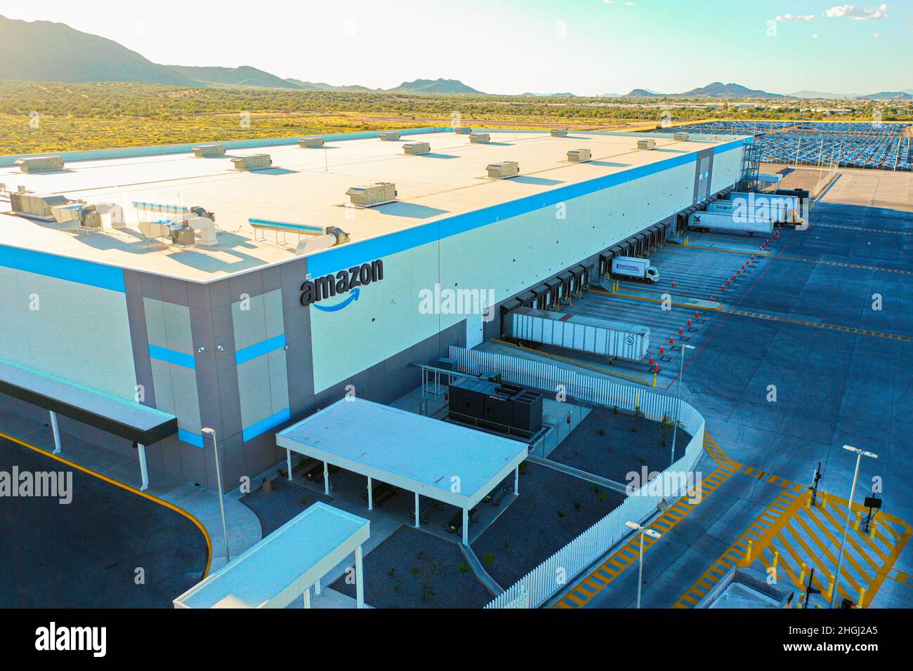 Amazon. Aerial view of Amazon warehouse or parcel distribution center ...