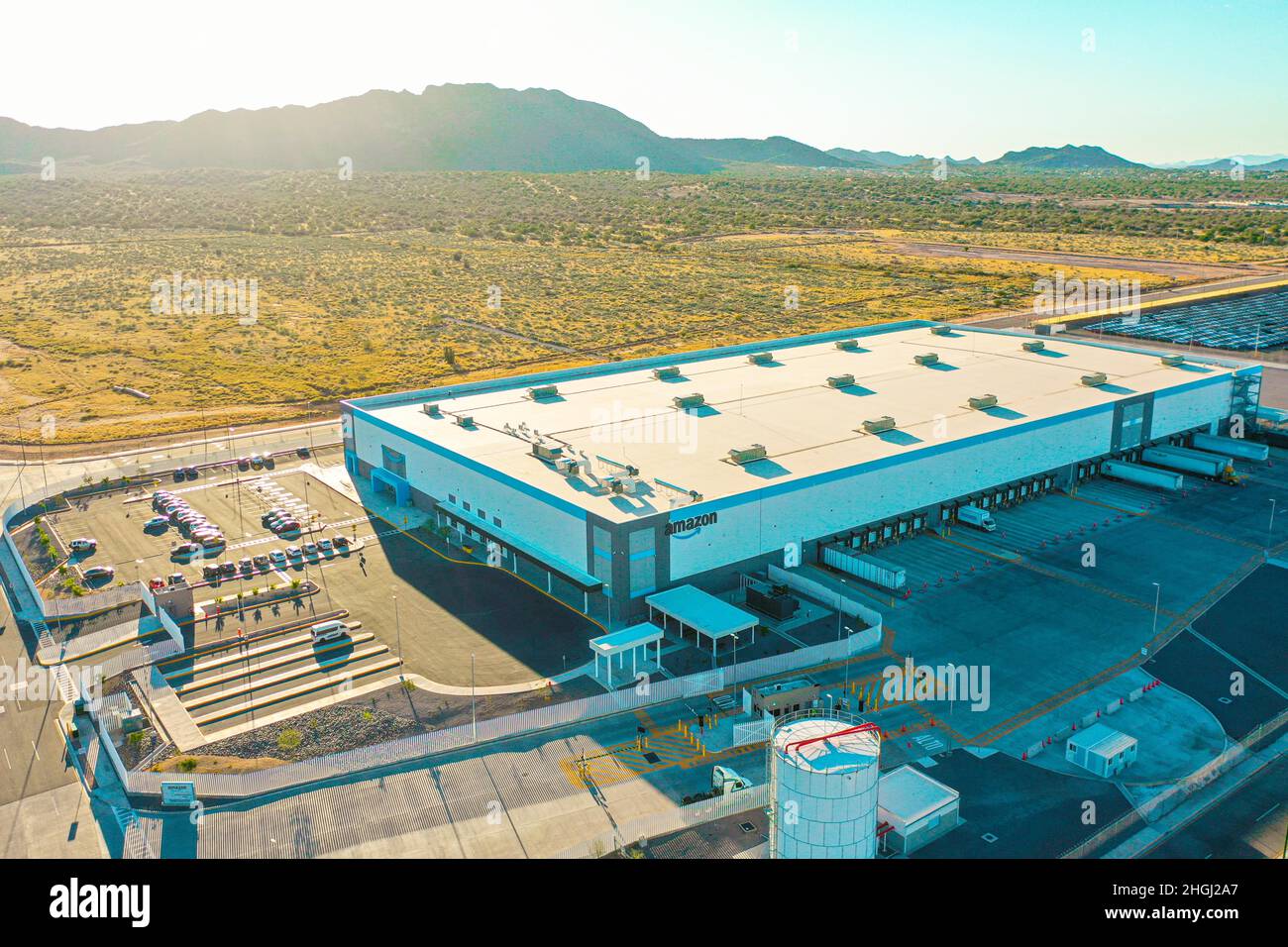 Amazon. Aerial view of Amazon warehouse or parcel distribution center ...