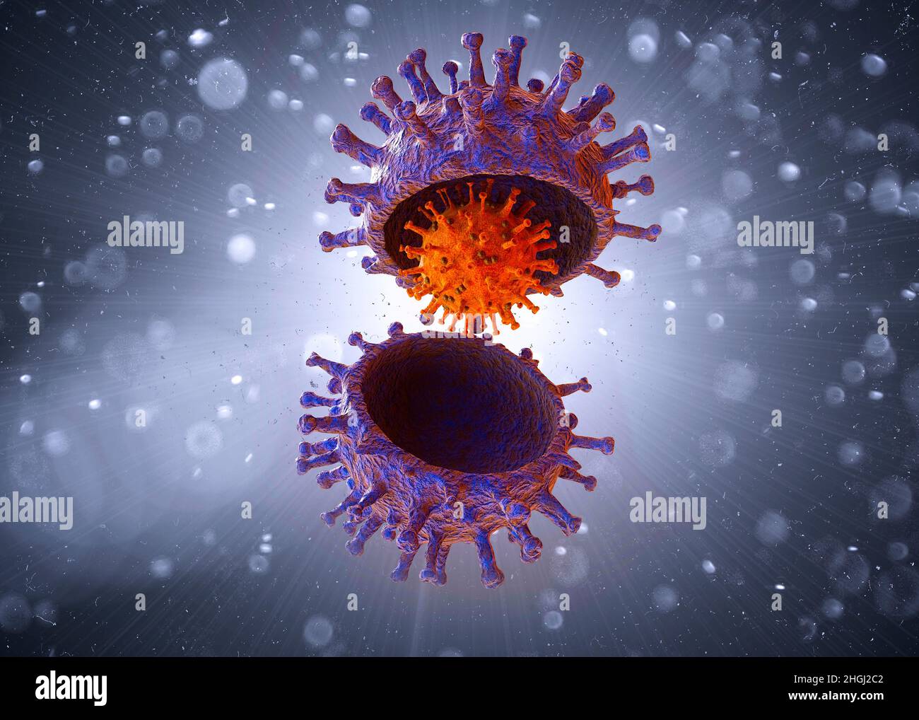 Covid-19 seen under the microscope. Virus variant, coronavirus, spike ...