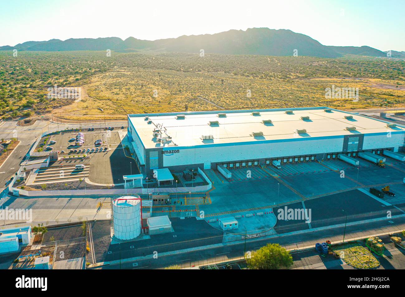Amazon. Aerial view of Amazon warehouse or parcel distribution center ...