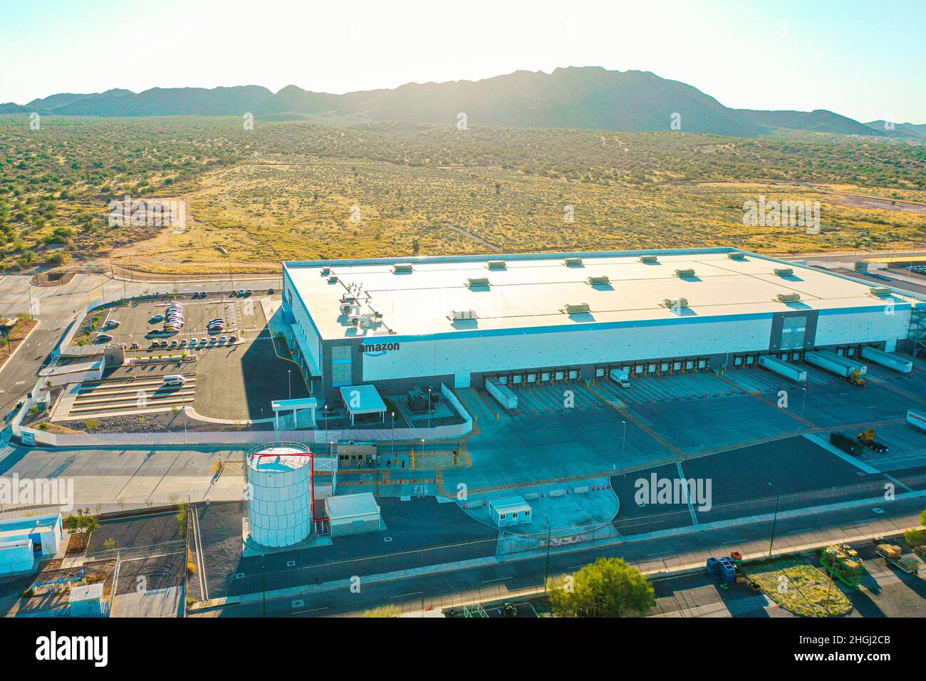 Amazon. Aerial view of Amazon warehouse or parcel distribution center ...