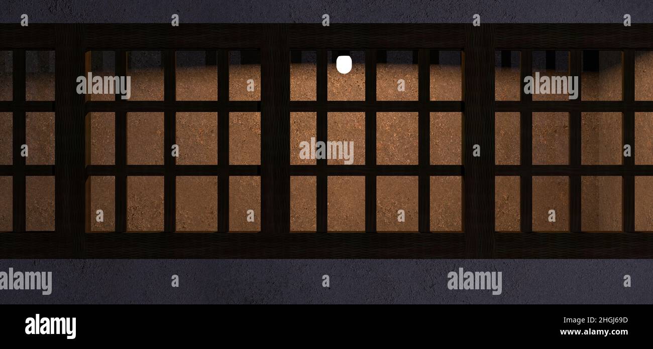 The Light from a barred window. Prison room. Dungeon. Light prison ...