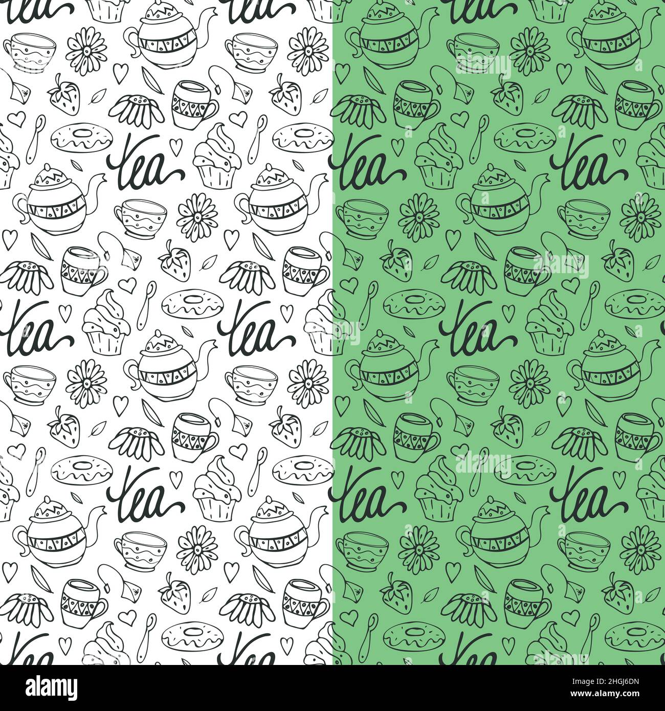 Tea time floral seamless pattern. Hand drawn ink brush doodle design ...