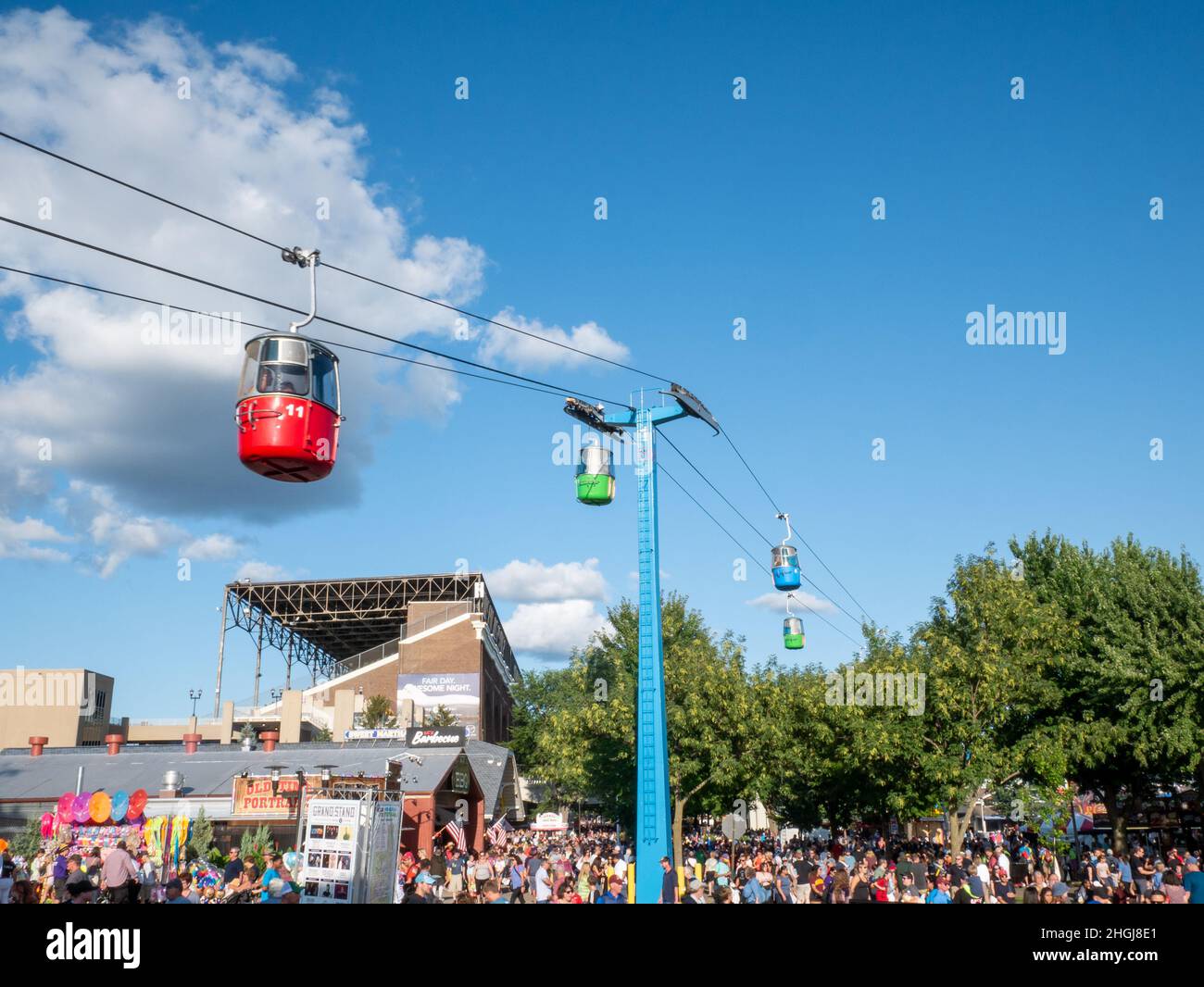 FALCON HEIGHTS, MN - 23 AUG 2019: The Sky Ride is an aerial cable ride with colorful gondolas at ...