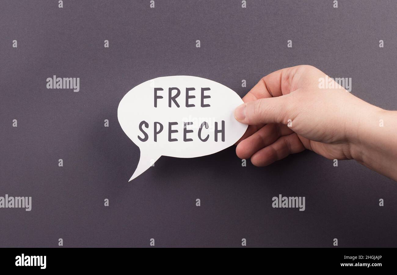 Speech bubble with the words free speech, cancel culture, having a ...