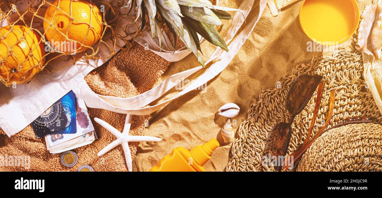 Concept of sandy beach holiday, top view, banner. Sand background with ...