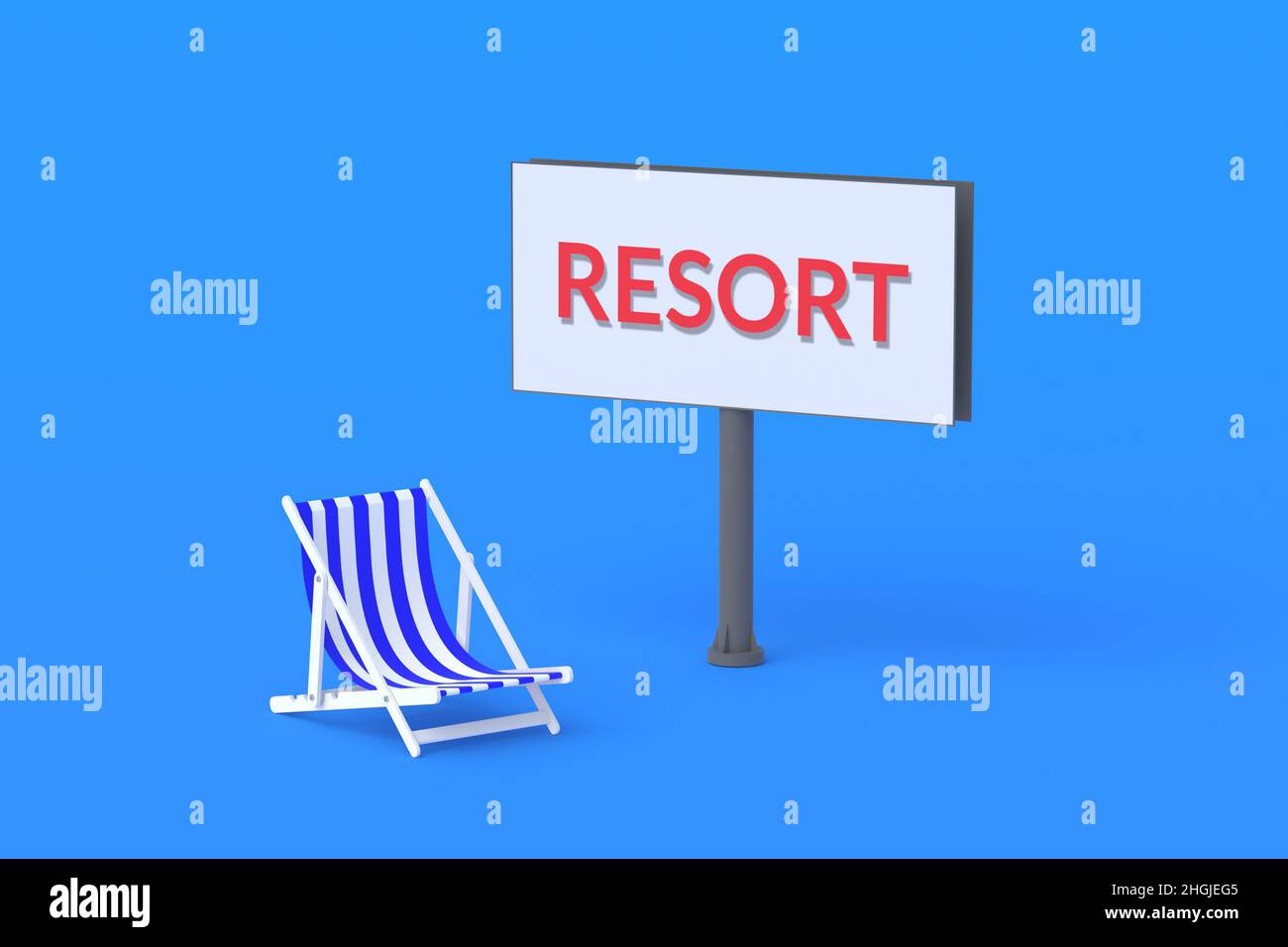 Striped beach chair near billboard with word resort. Information ...