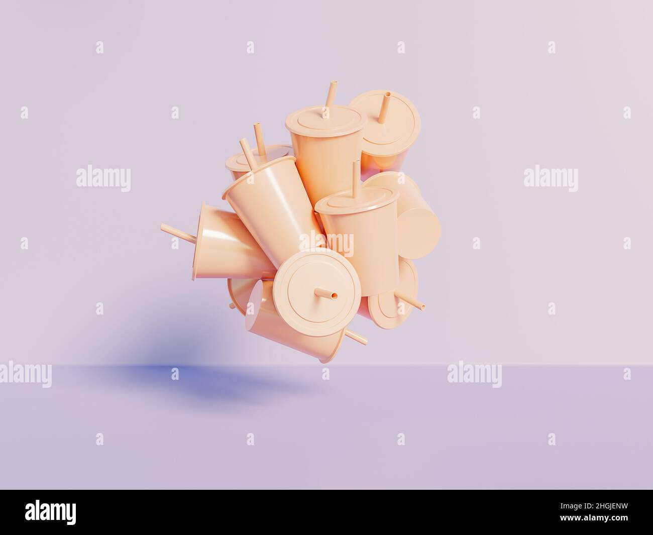 Many plastic cups levitating on purple background. Plastic pollution ...