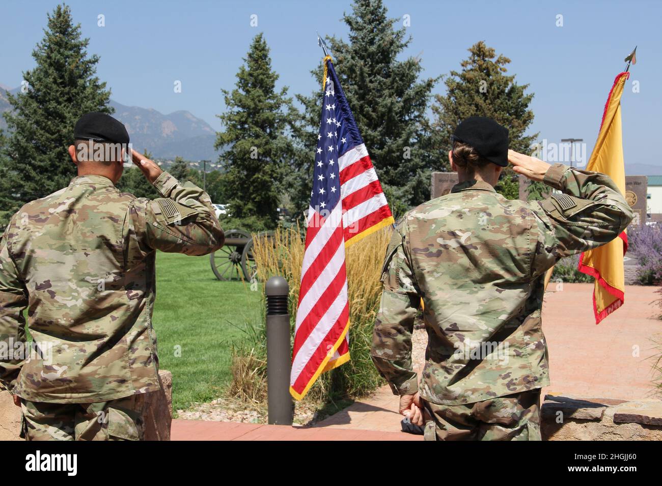 From left, Sgt. Maj. Angel Del Valle and Lt. Col. Amy Saal salute the ...