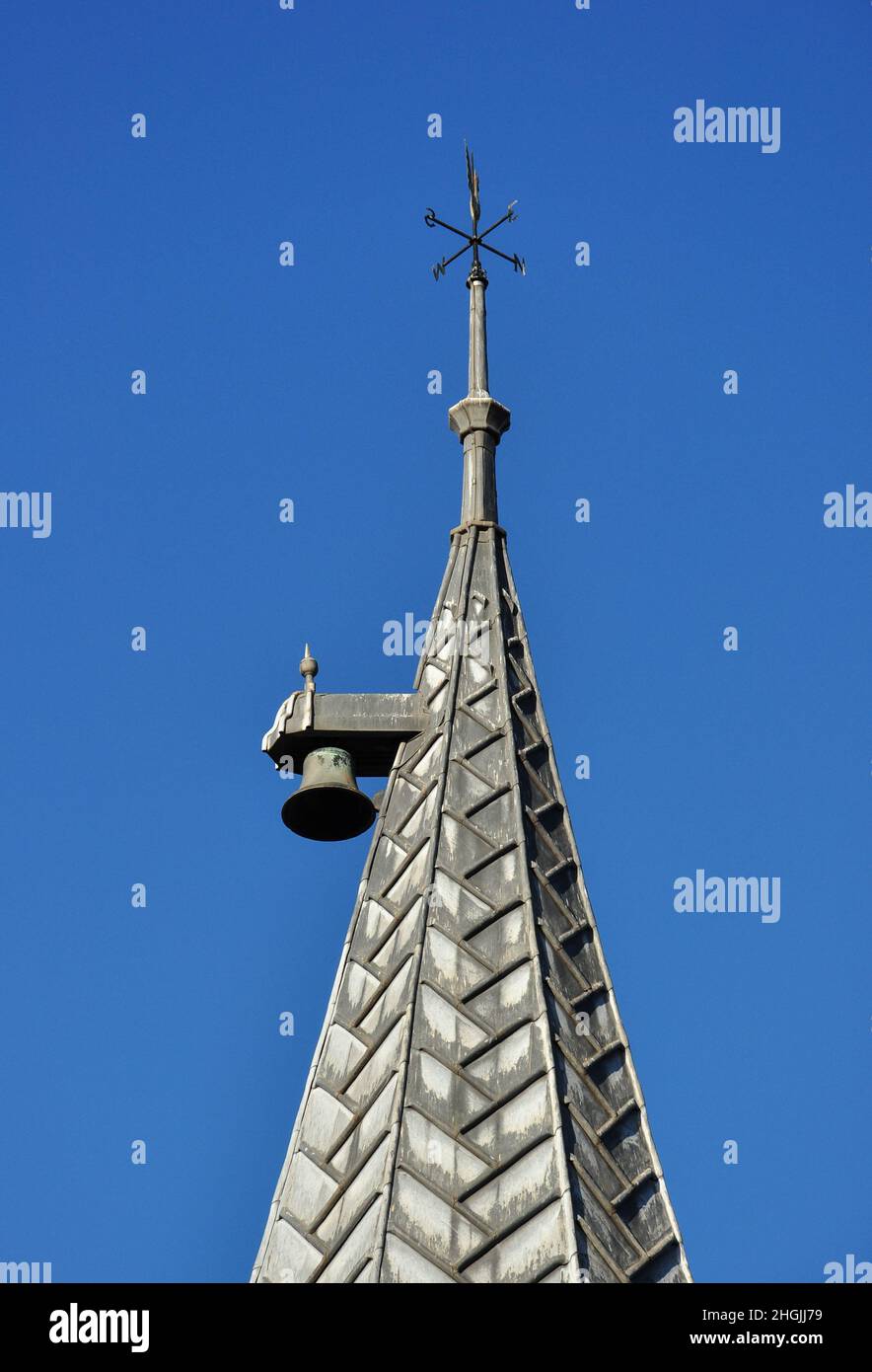 Spire and bell on St Mary Magdalene Church, Ickleton, Cambridgeshire ...