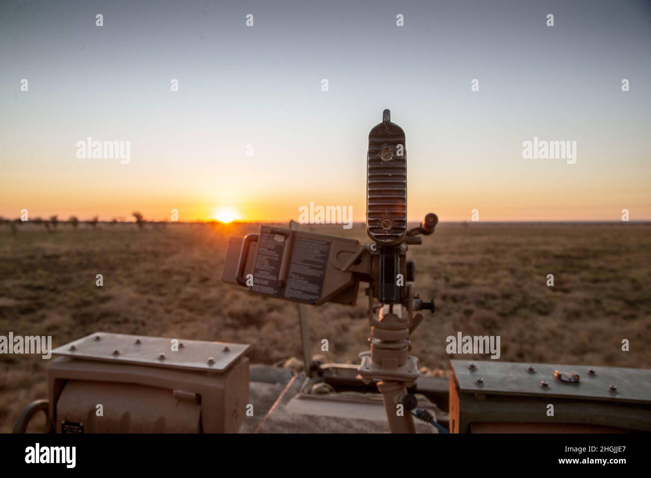 An Australian Army machine gun sits atop the turret of an Australian ...
