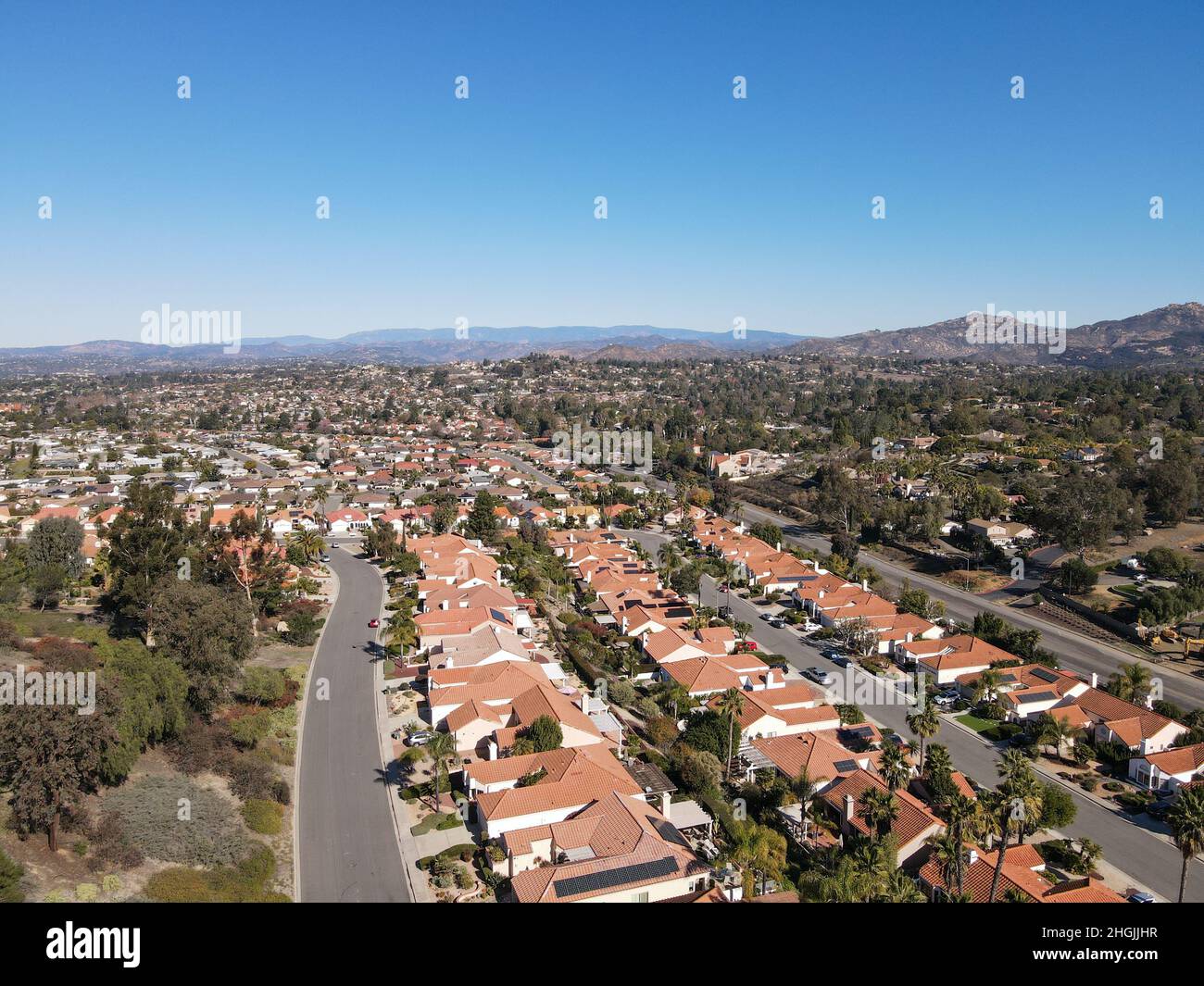 Aerial view over street with identical houses in the suburb of North ...