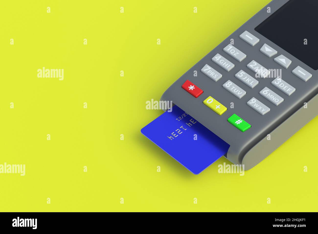Portable cash register with plastic credit card on yellow background ...