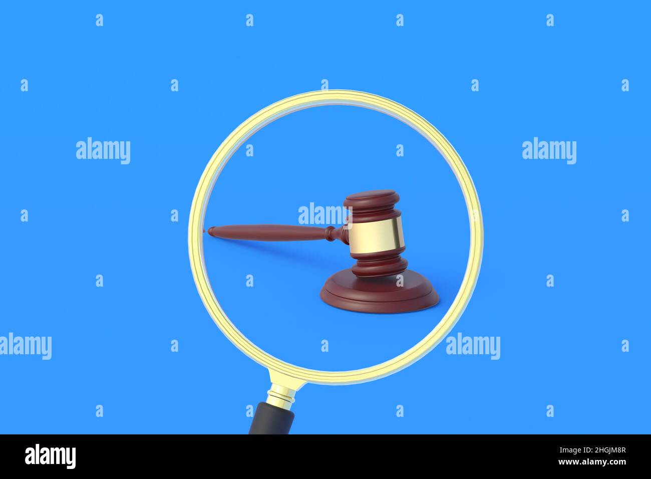 Judge hammer in magnifying glass on blue background. Search for ...