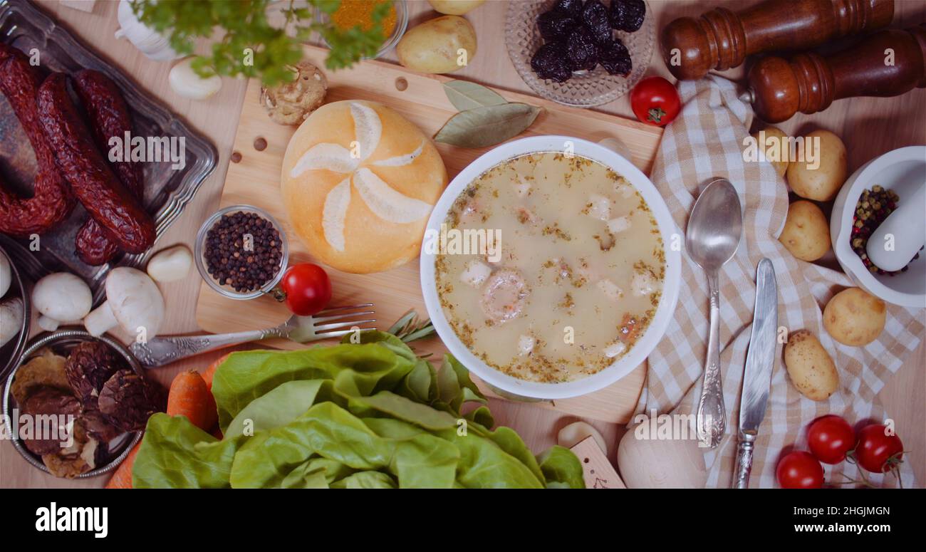 Fresh Food Ingredients On Wooden Table In Kitchen Stock Photo - Alamy