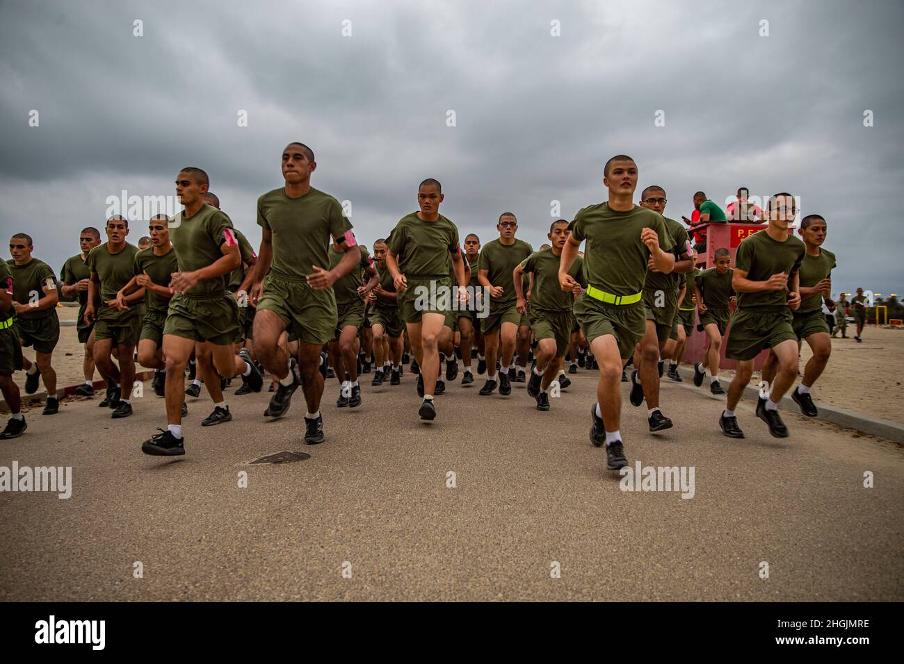 U.S. Marine Corps recruits begin the three-mile run during the Physical ...