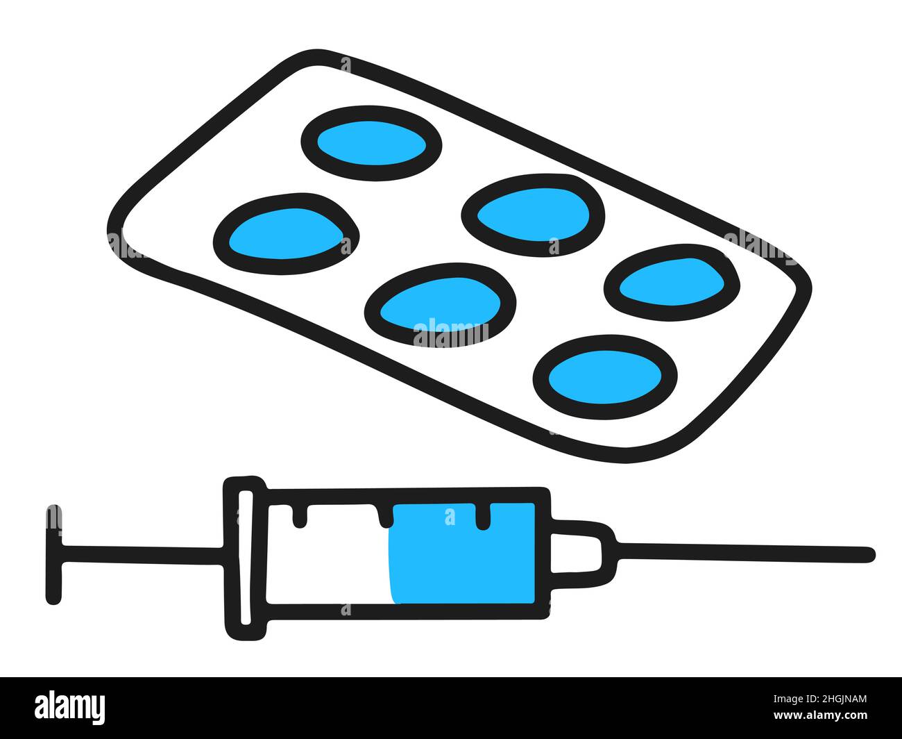 Pills and syringe with medicine doodle line drawing. Vector ...