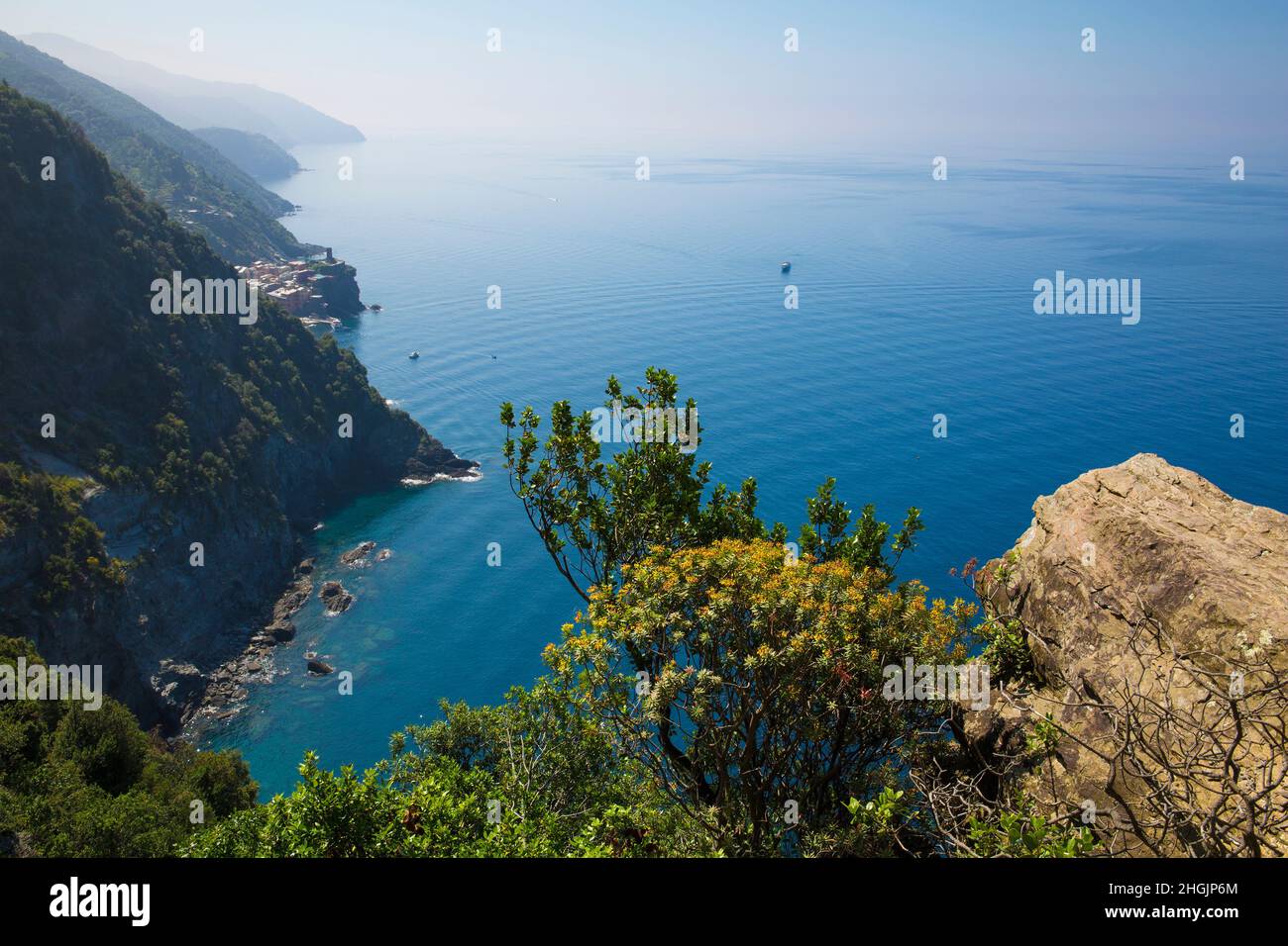 View of the Ligurian Sea from a trail in the Cinque Terre area of Italy ...