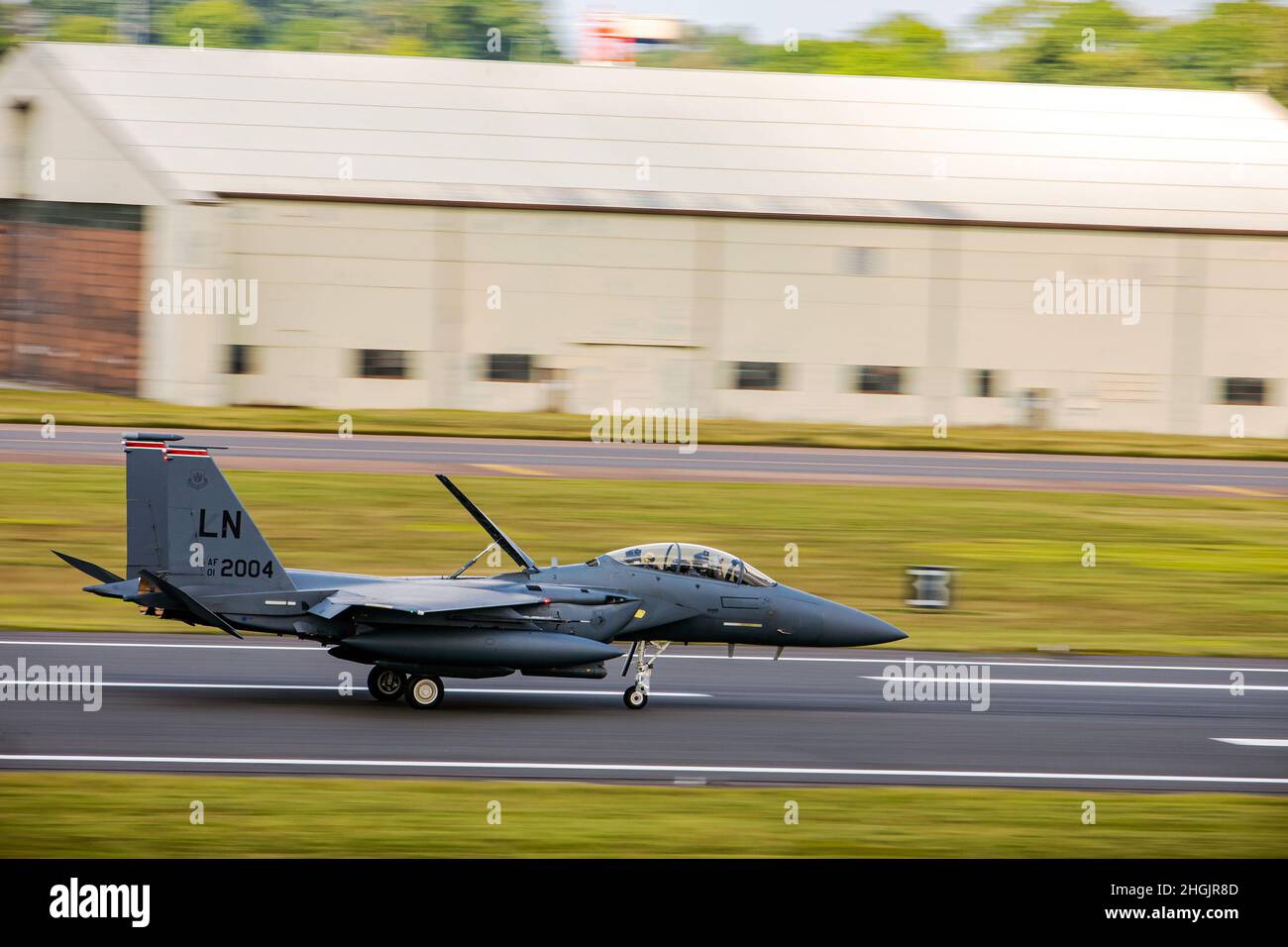 An F-15E Strike Eagle assigned to the 492d Fighter Squadron, lands ...
